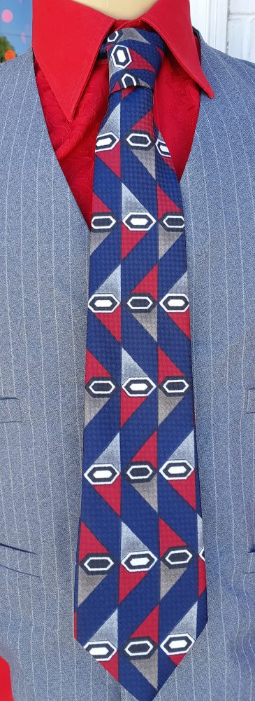 1970’s, Tie by ‘Target’, polyester, navy/grey/red/white print. | RetroJam